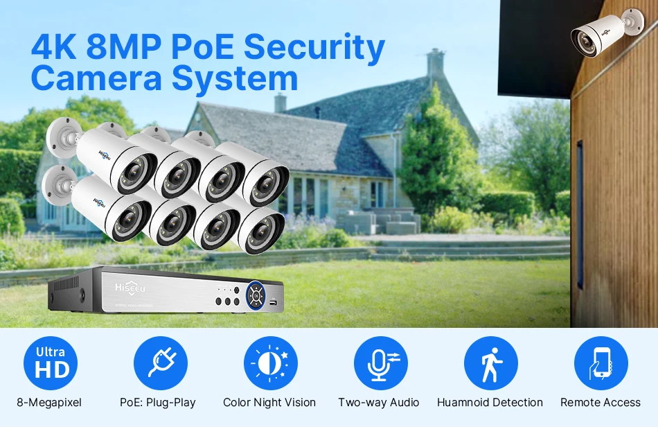 Hiseeu 8MP 4K IP66 Full Color Night Vision Outdoors POE NVR Kit Poe ...