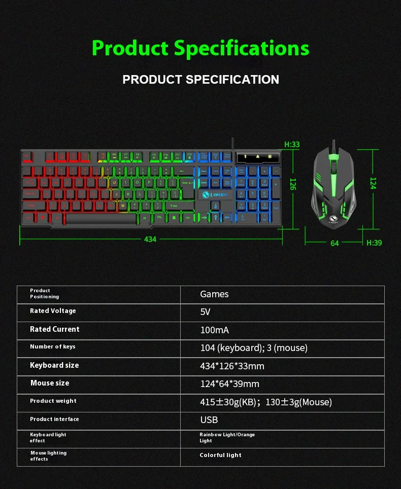 LIMEIDE GTX300 Luminous Keyboard Mouse Wired Gaming Mouse Keyboard Set ...
