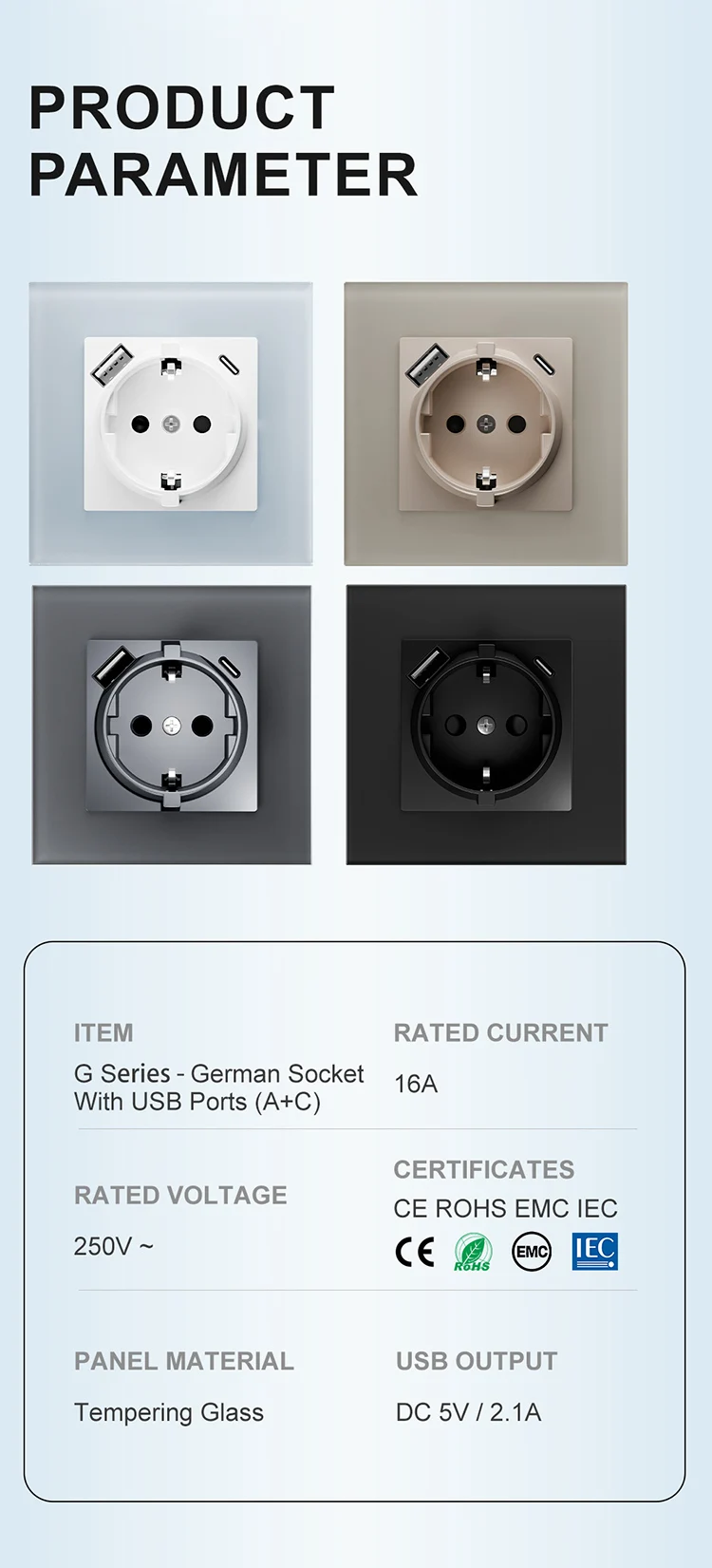 220 Volt Schuko 2p+e Socket With Usb Type A Type C Outlets Glass Panel ...