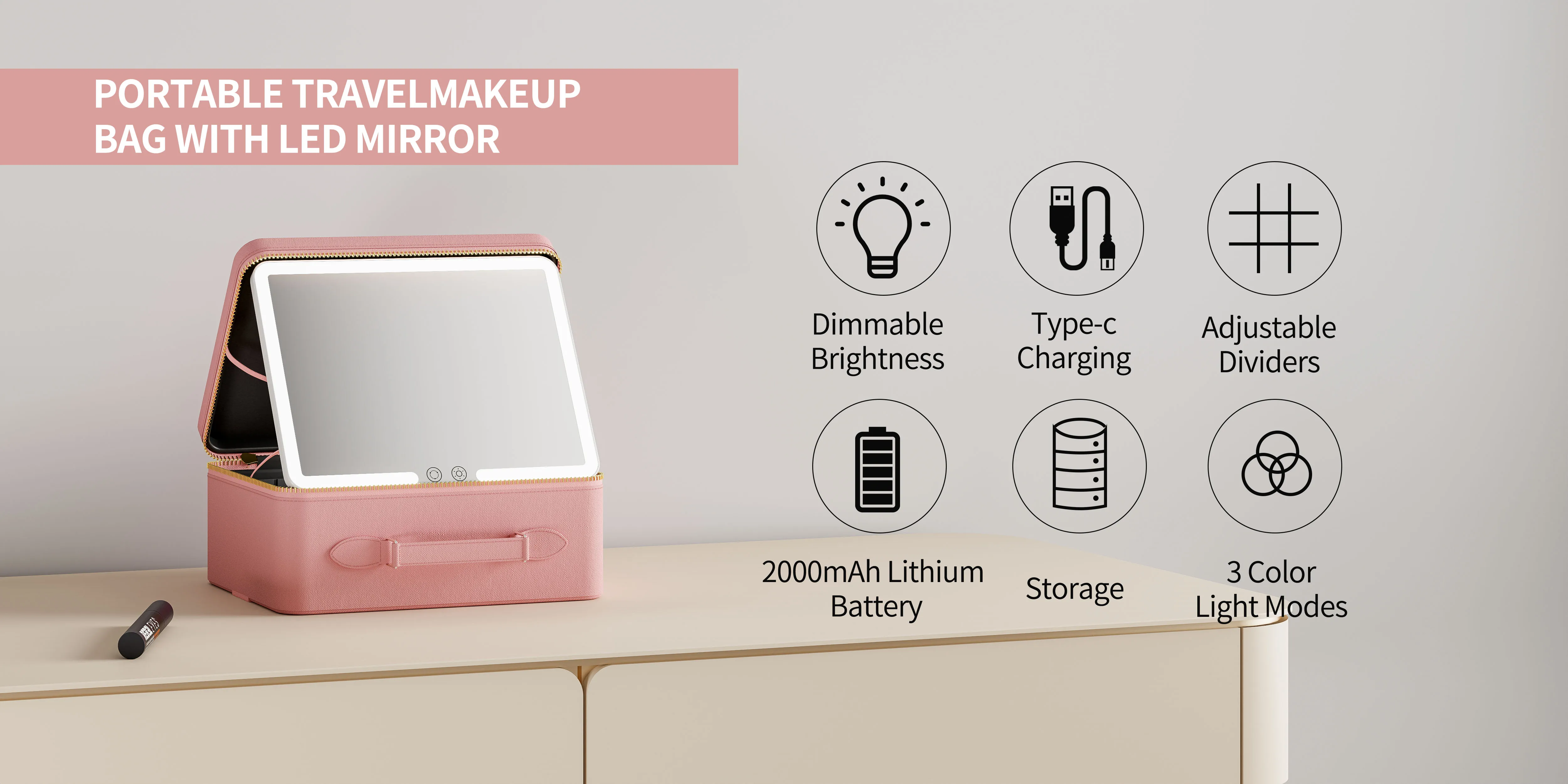 Portable Vanity Storage Box Lighted Type-C Charging Pu Leather Pink ...