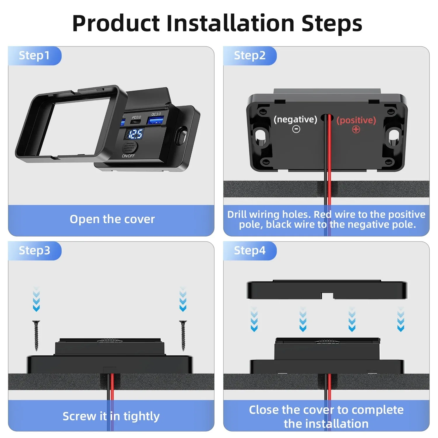 NEW 3 Ports 12V RV USB Outlet Panel 90W Dual QC3.0 Type-C Fast Charge ...