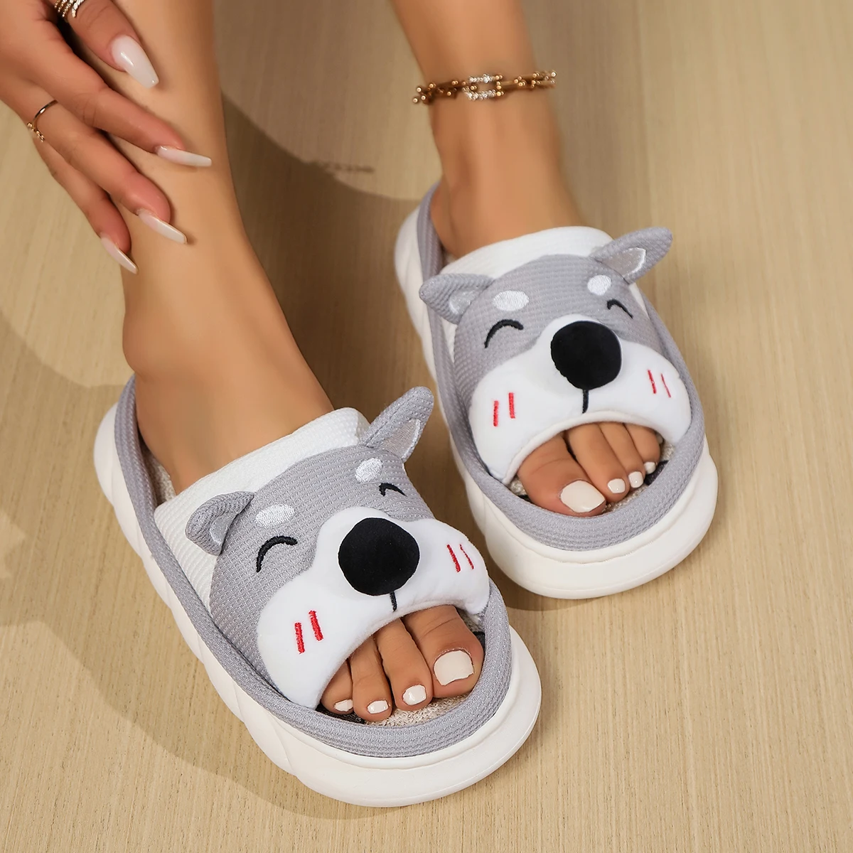 Grey Wolf Cartoon Platform Plush Slippers Winter Fur Style With Anti ...