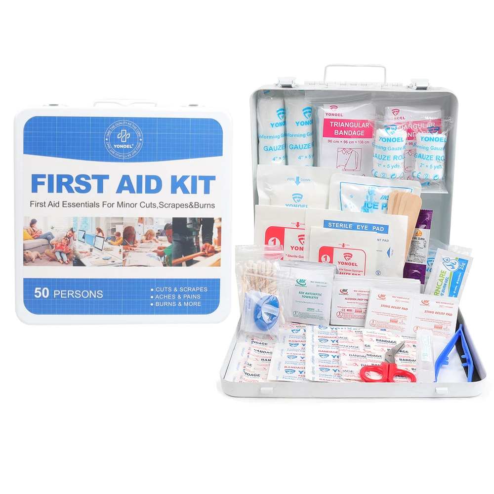 50 Persons175 Piece Metal Box First Aid Kit Basic Medical Accessories ...