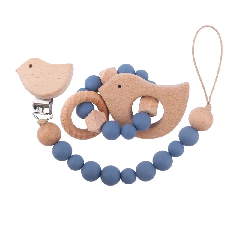 Custom Baby Teether Pacifier Chain Set Food Grade Silicone And Beech ...