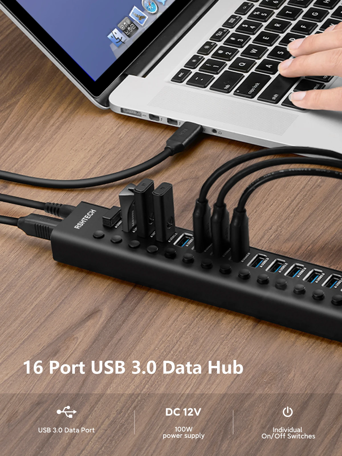 RSHTECH 16 in 1 USB 3.0 Hub Splitter 100W Power Supply Adapter Separate ...