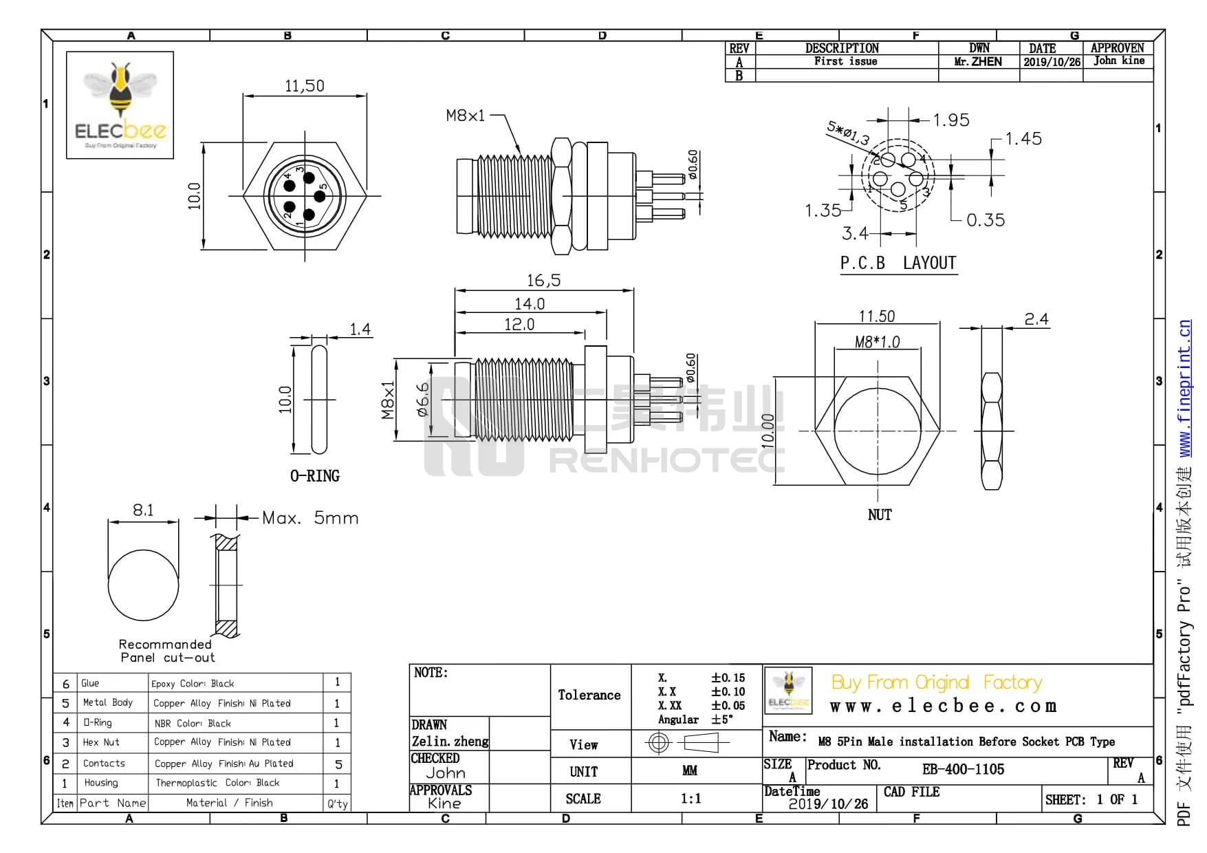 M8 5 Pin Straight Shielded Pcb Connector B Code Male Connector - Buy M8 5 Pin Straight Shielded ...