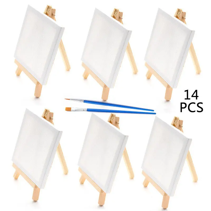 Mini Wood Easel and Painting Canvas Set Acrylic Drawing Paint Kit 12 ...