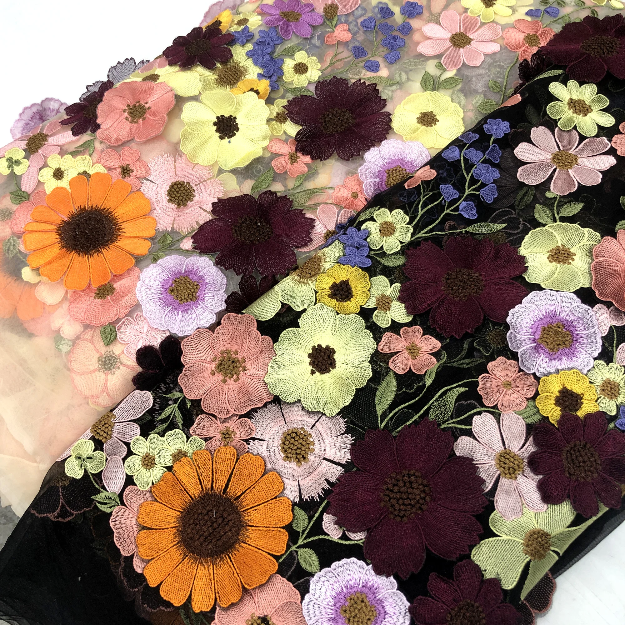 Multi-color 3D Floral Mesh Embroidery Applique Haute Couture Dress Fabric