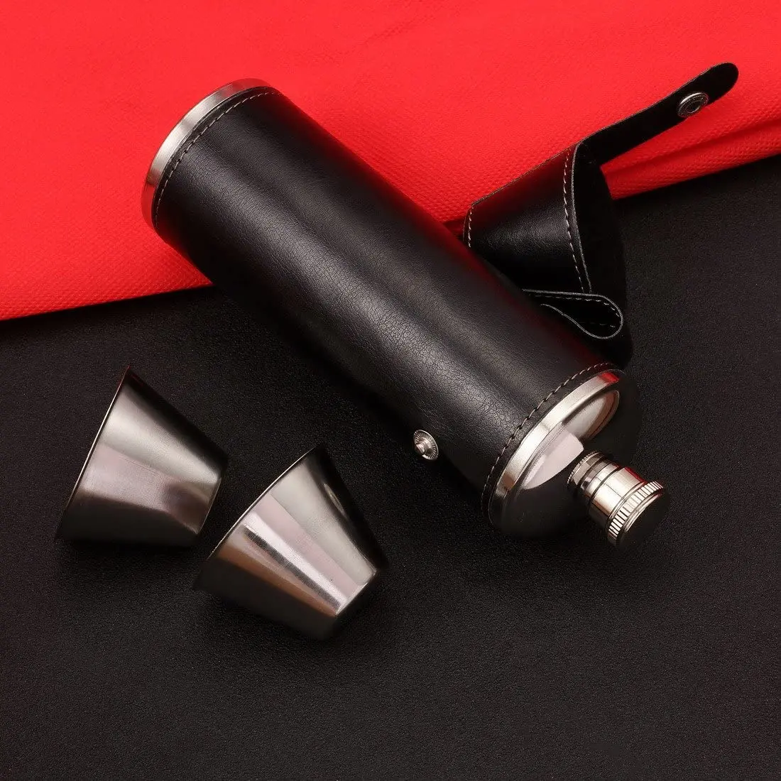 10Oz Leather Wrap Cylinder Hip Flask Set with Shot Glass Funnel ...