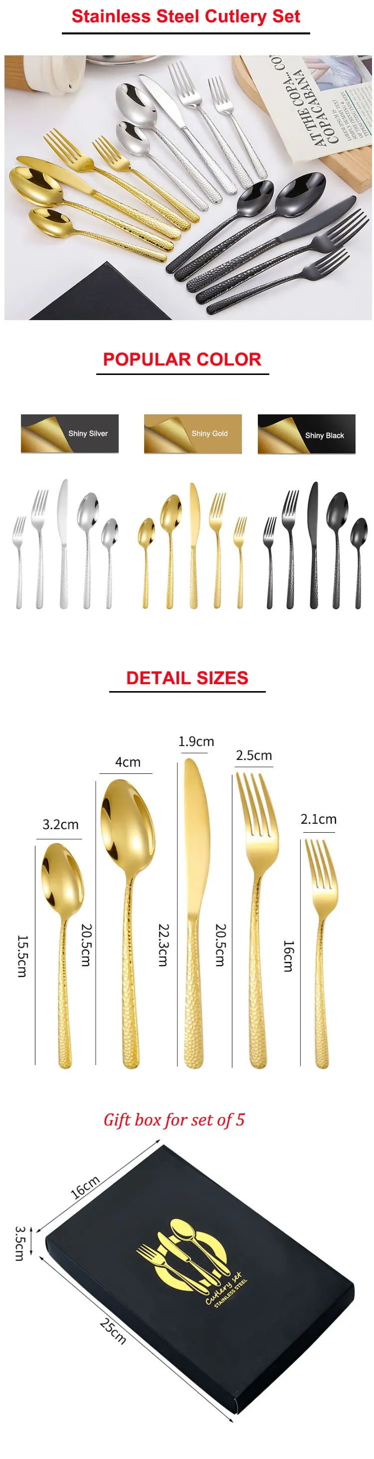 Stainless Steel Flatware Knife Fork Spoon Sets Luxury Black Hammered Handle Gold Cutlery Set For 