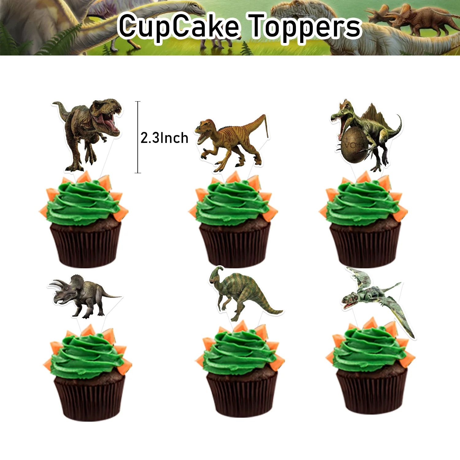 Lemon Dinosaur Theme Cartoon Happy Birthday Banner Cupcake Toppers ...