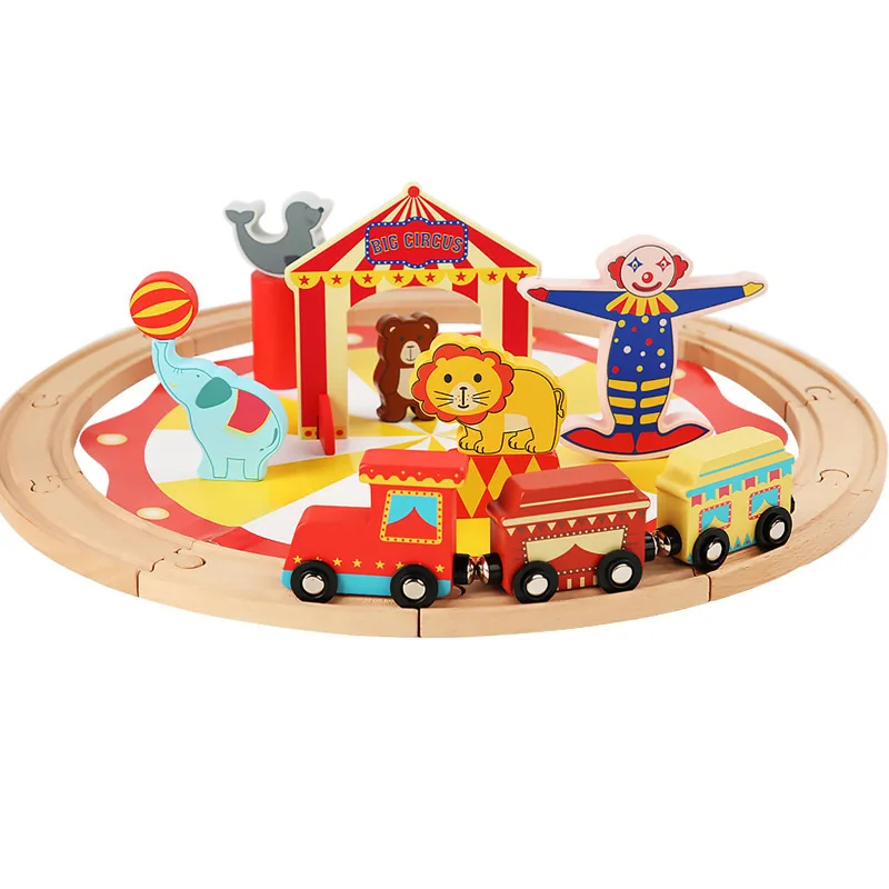 Wooden little train circus track set toy children hand-eye coordination ...
