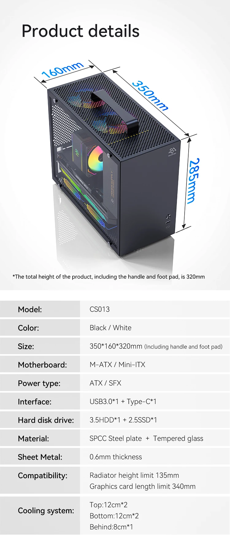 Mini-ITX Gaming Case with Tempered Glass, Steel Plate Design for M-ATX ...