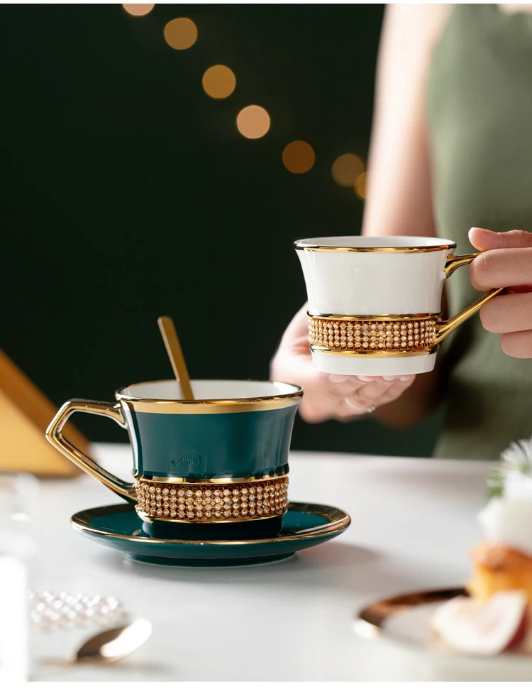 Luxury Rhinestone Coffee Cup and Saucer Gold Handle Ceramic Tea Cup ...
