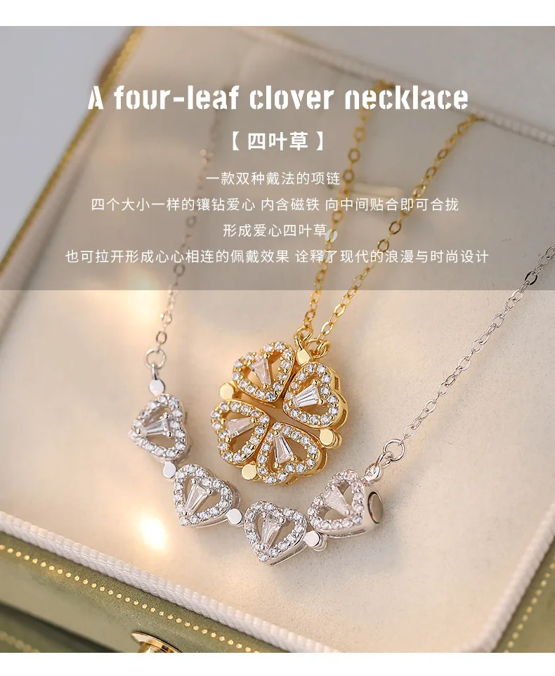 Fashion Trend Four Leaf Clover Pendant Necklace 925 Sterling Silver 4 Love Heart Cubic Zirconia ...