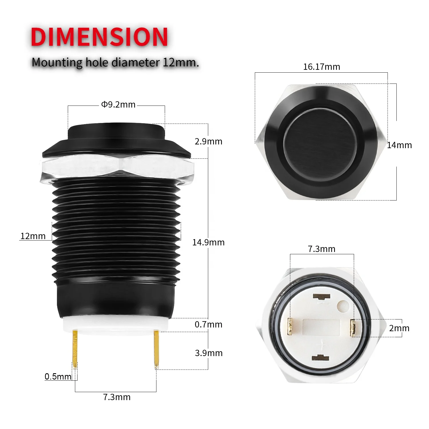 Waterproof 12V Push Button Switch 12mm - Daier GQ12H-10M-A