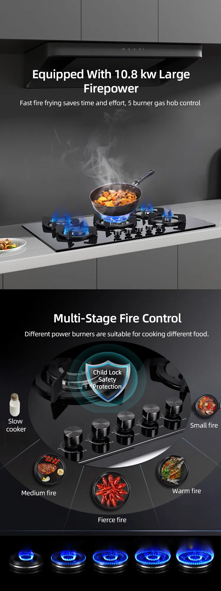 Hot Sale 5 Burner Gas Stove Tempered Glass Gas Build-in Hob Black ...