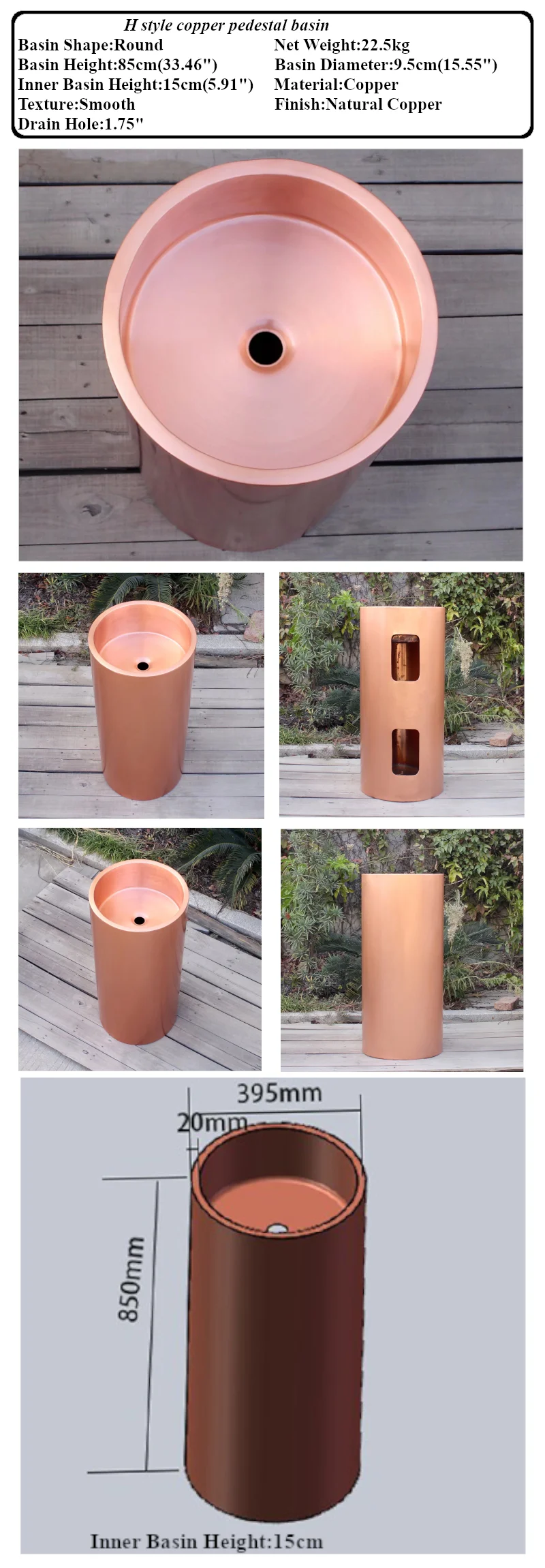 Luxury Design Copper Pedestal Sink for Hotel Bathrooms