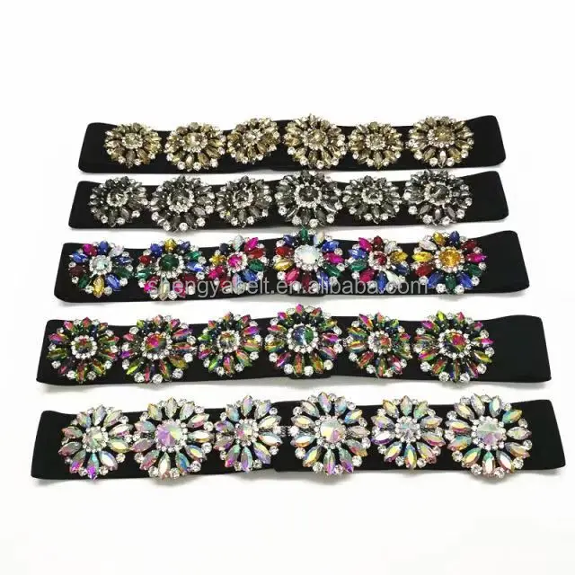 New Fashion Luxury Bling Shiny Elastic Rhinestone Flowers Belt Full ...