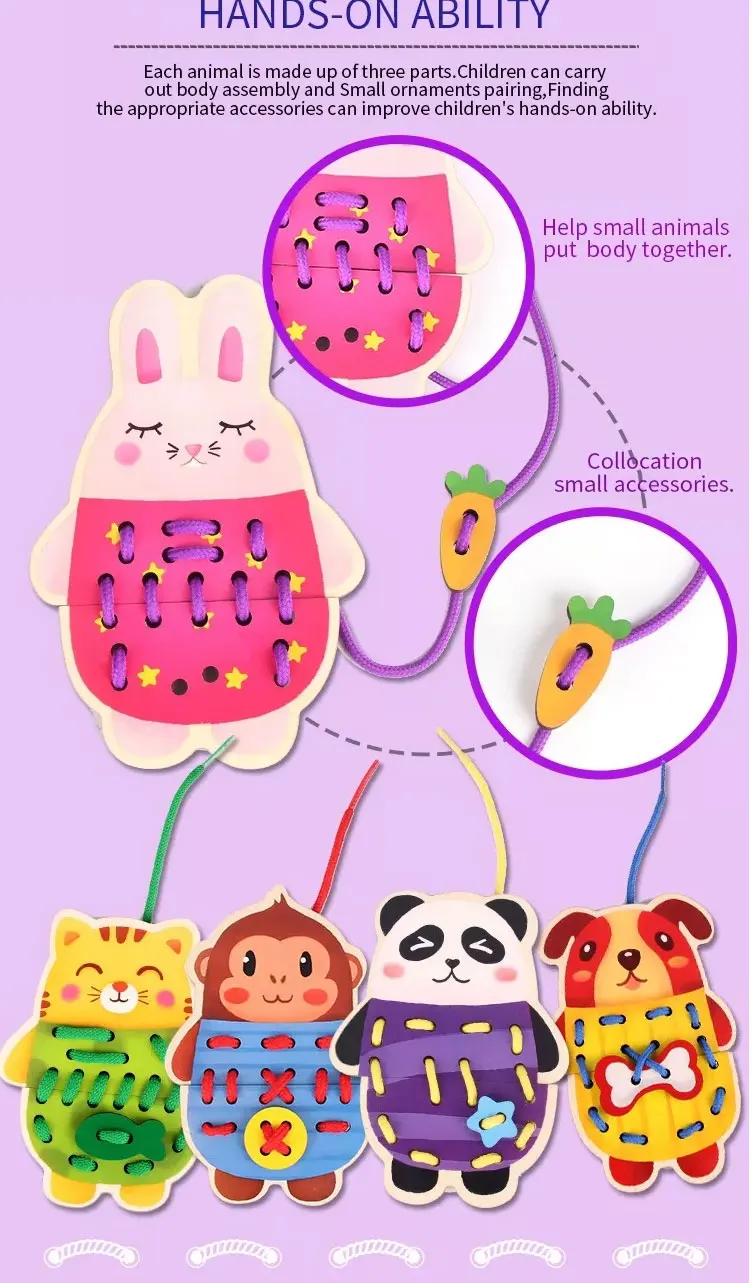 Animal Threading Wooden Diy Toys Cartoon Fruit Animal Stringing ...