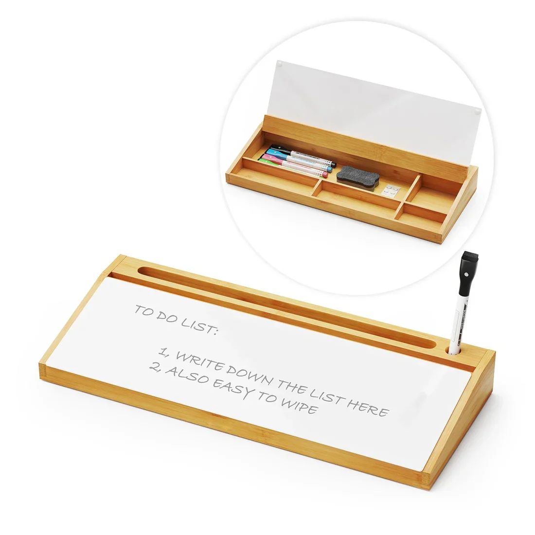 Natural Bamboo Desktop Whiteboard With Organizer Box Wood Desk ...