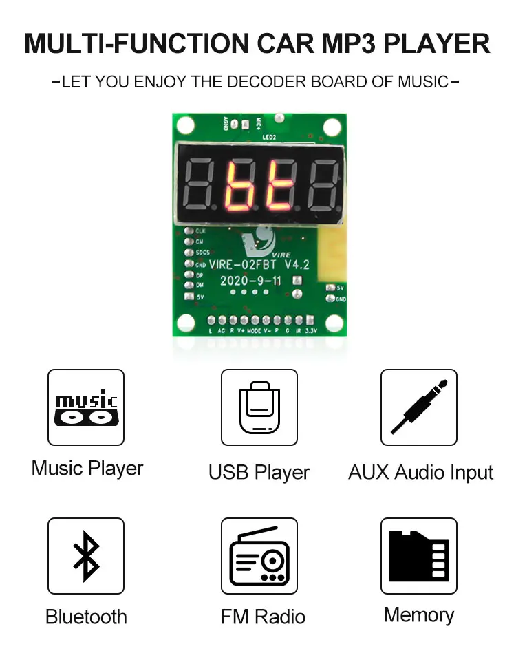 VIRE Mini Mp3 Player Bluetooth Audio Fm Kit Usb Mp3 Player Decoder Module