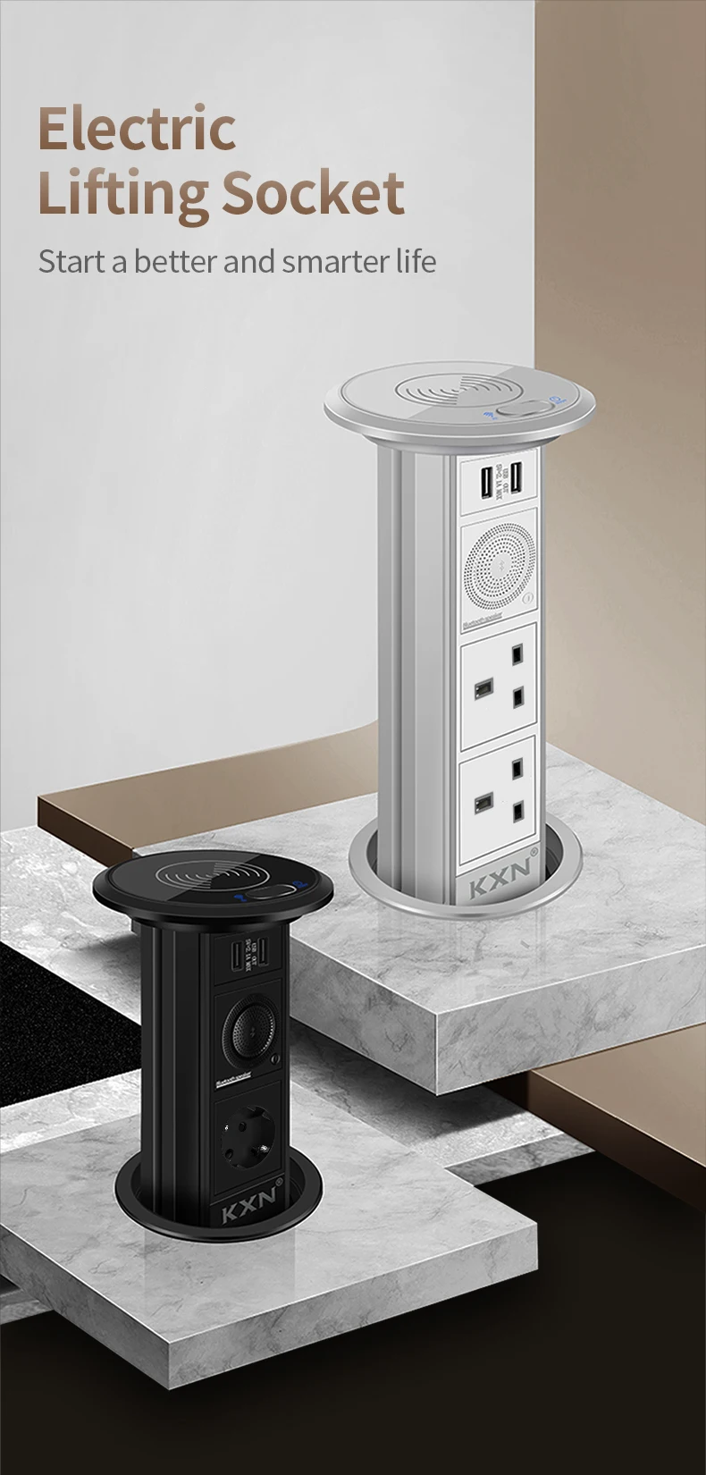 Electric Lifting Socket Tabletop with USB & Wireless Charging