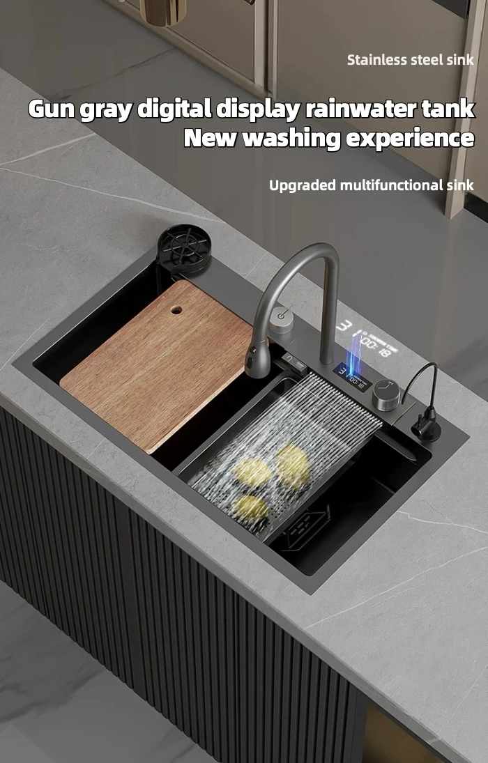 Complete Whole Set Waterfall Kitchen Sink Big Single Bowl with Dish ...