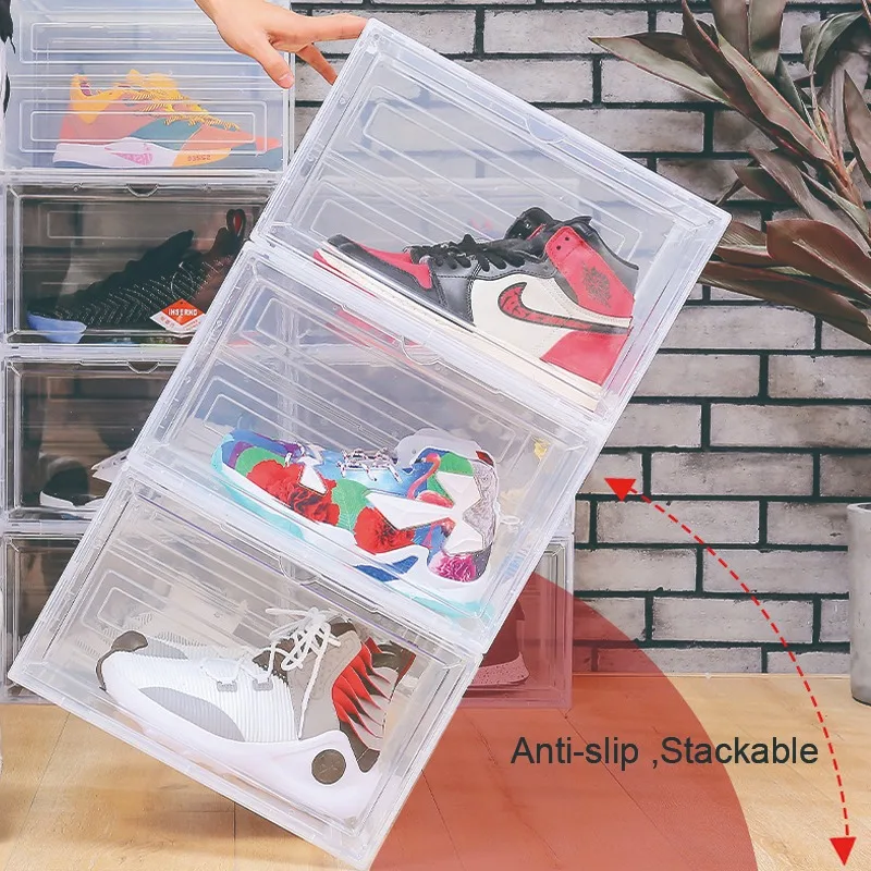 Transparent Plastic Sneaker Stackable Shoe Storage Boxes Drop Front Acrylic Drawer Type Magnetic ...
