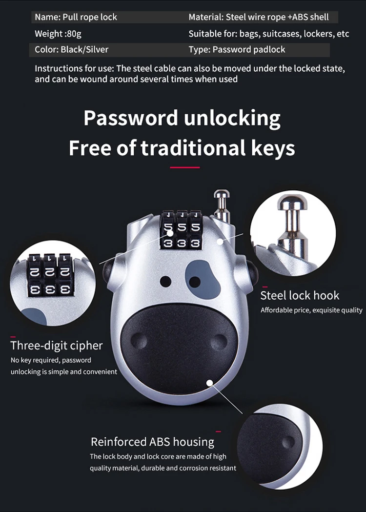 Cartoon Cow Password Padlock Telescopic Wire Rope Lock Mini Anti-theft ...