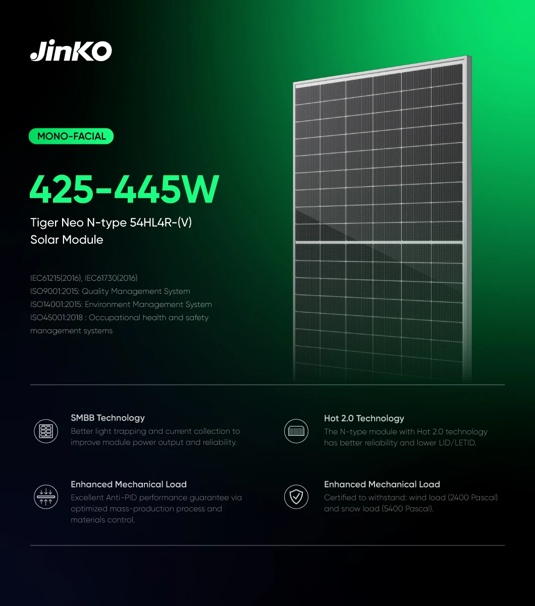 Jinko Tiger Neo N-type Solar Panels 425w 430w 445w Half Cut ...