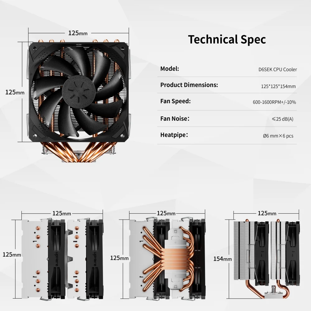 Uphere Hot Sales 6 Heat Pipes 120mm Cpu Cooler 4 Pin Pwm Quiet Computer ...