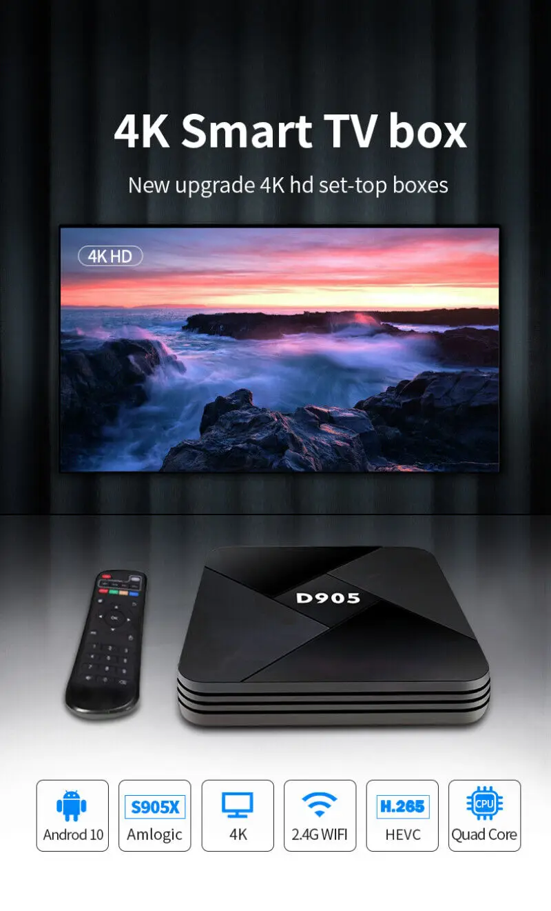 D905 4K Ultra HD 4GB+32GB Wifi Android 10.0 Quad Core Smart TV Box ...