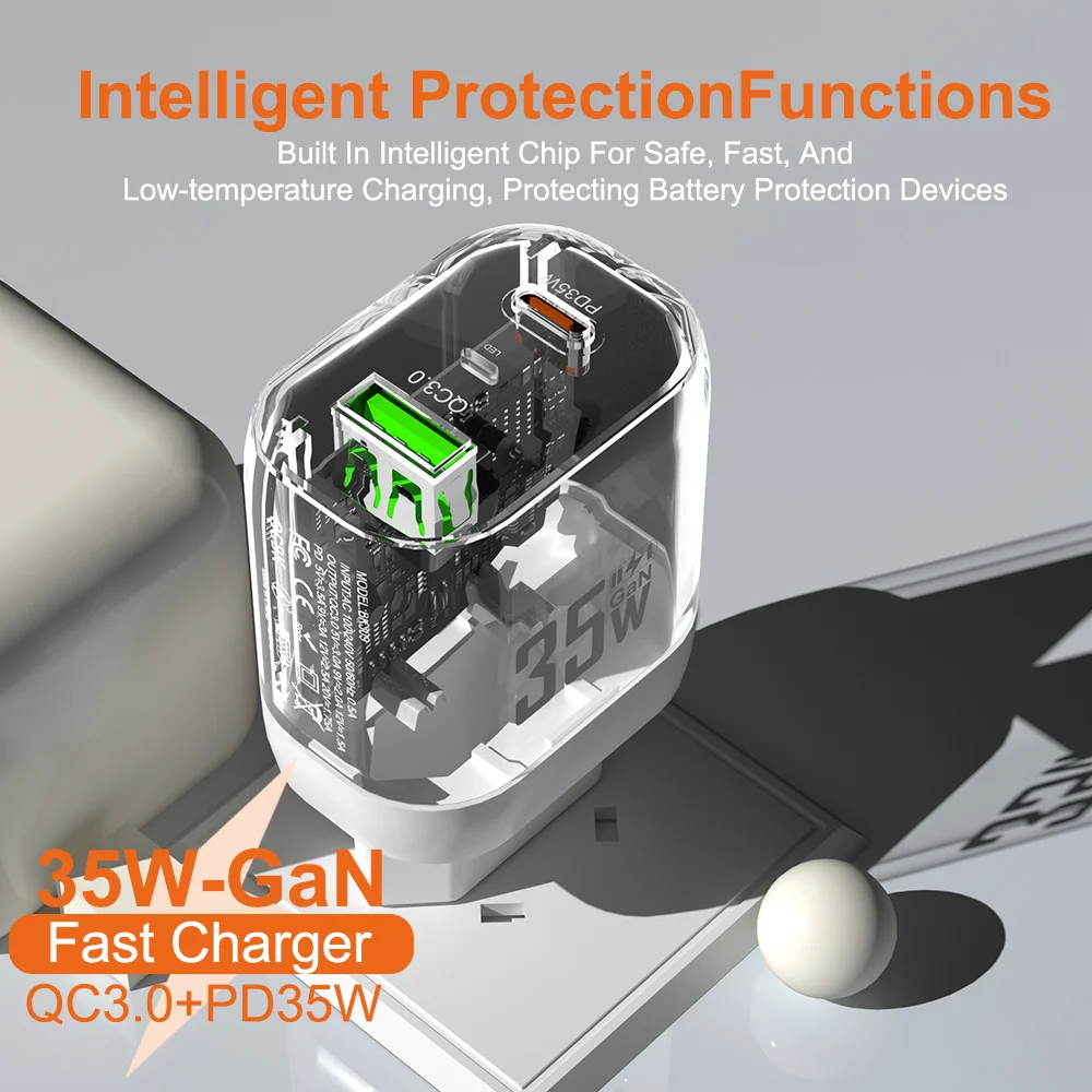 35w Gan Fast Charger Universal Dual Ports USB-C PD 35W QC3.0 USB 18W ...