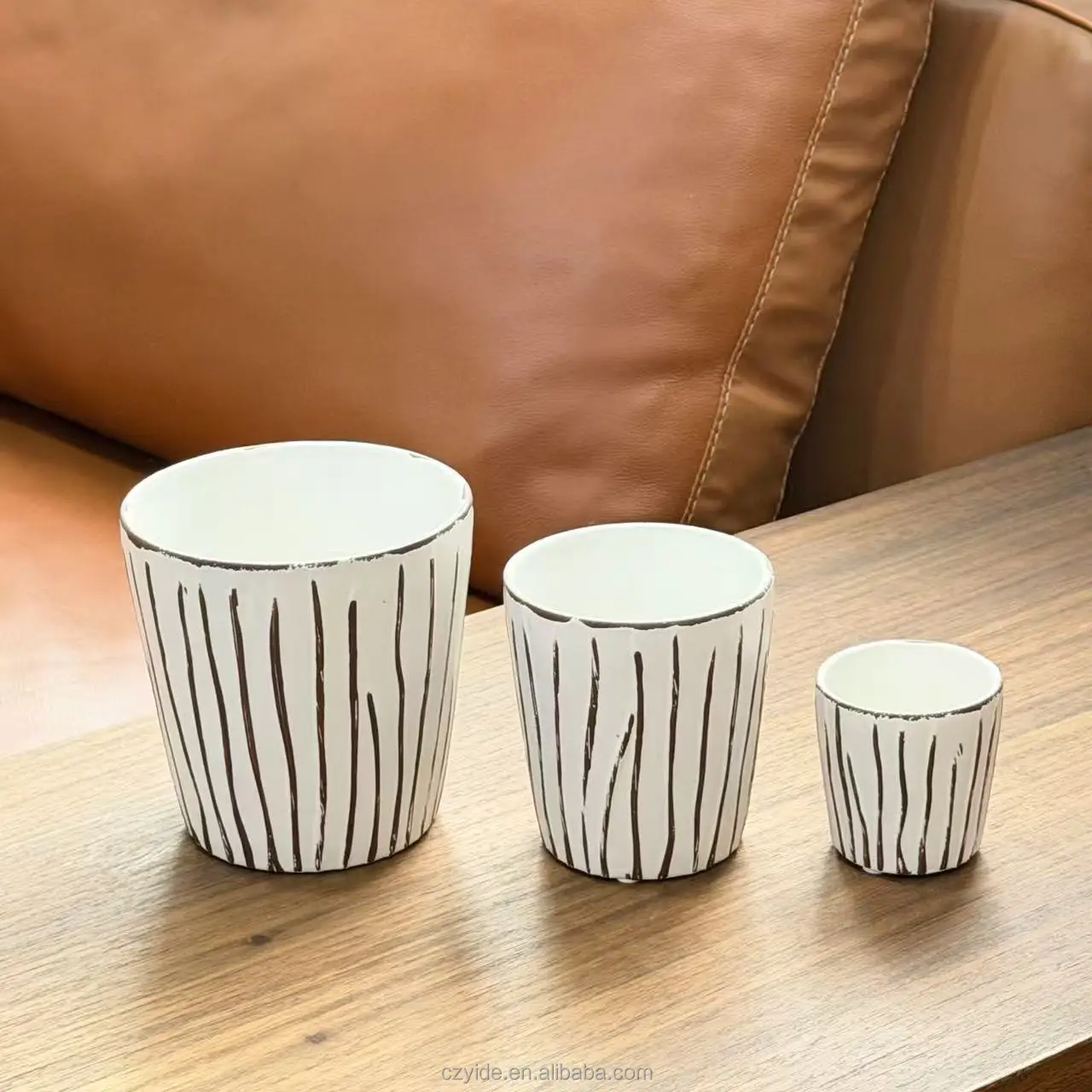 Rustic Brown Striped Ceramic Planters Set Succulent Pots for Indoor ...