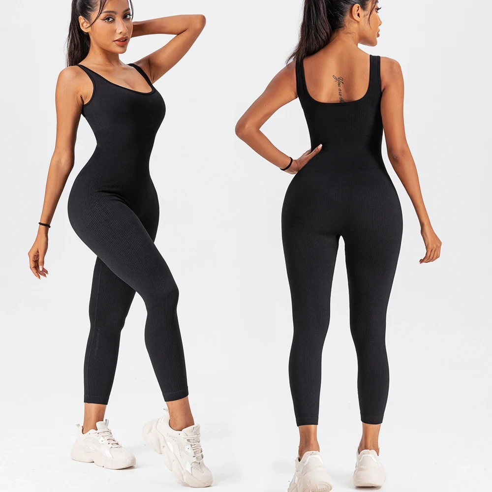 Spring Solid Ribbed Bodycon Jumpsuit - Yoga & Workout Gear