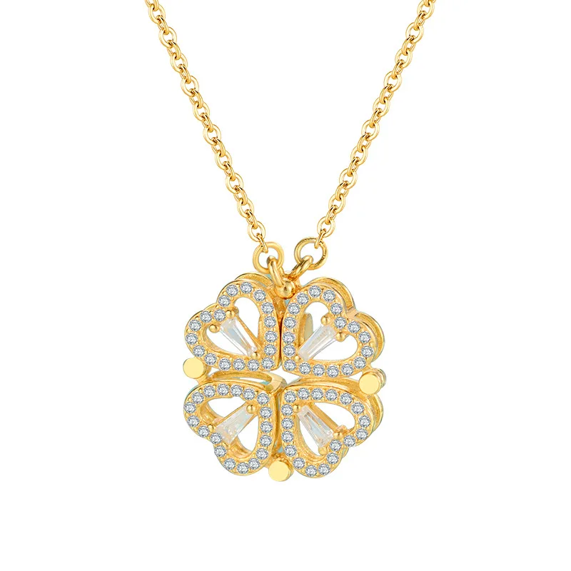 High Quality 925 Sterling Silver Four Leaf Clover Magnet Heart Zircon Necklace 18k Gold Plated ...