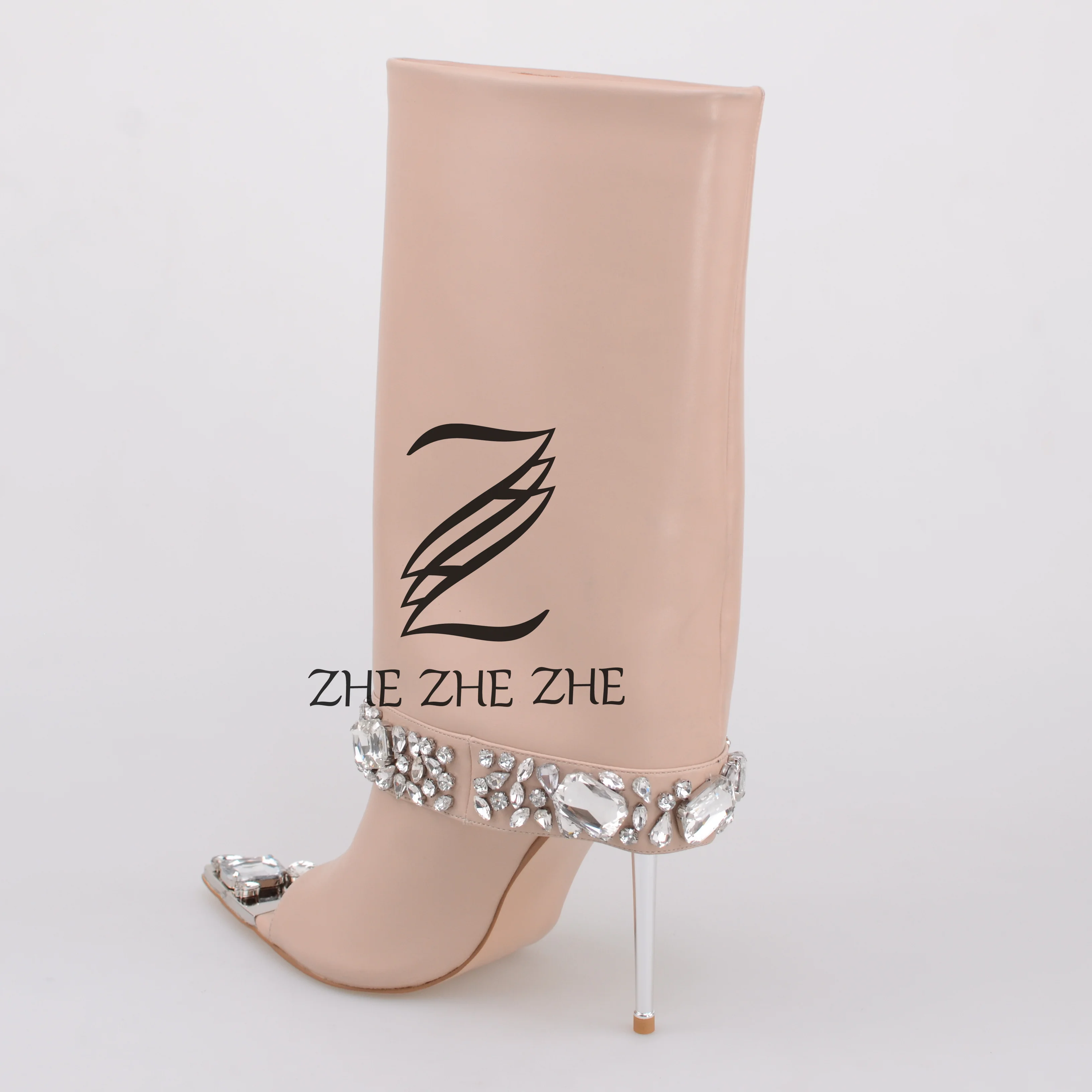 Women's High Heel Calf Boots Leaky Toe Metallic Diamond Shoe Tip White ...