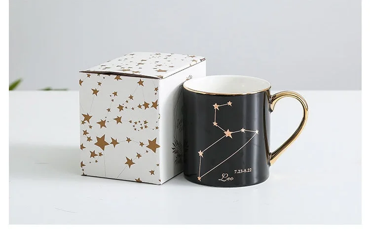 White Black 12 Constellation Couple Ceramic Coffee Mug With Gold Handle ...