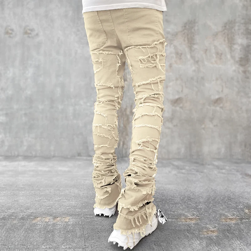 Popular Custom Men Stack Stacked Ripped Flared Denim Cargo Jeans Pants ...