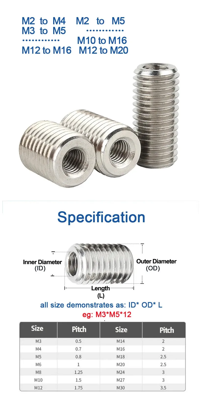 Inside Outside Thread Adapter Screw Nuts Insert Sleeve Converter Nut ...