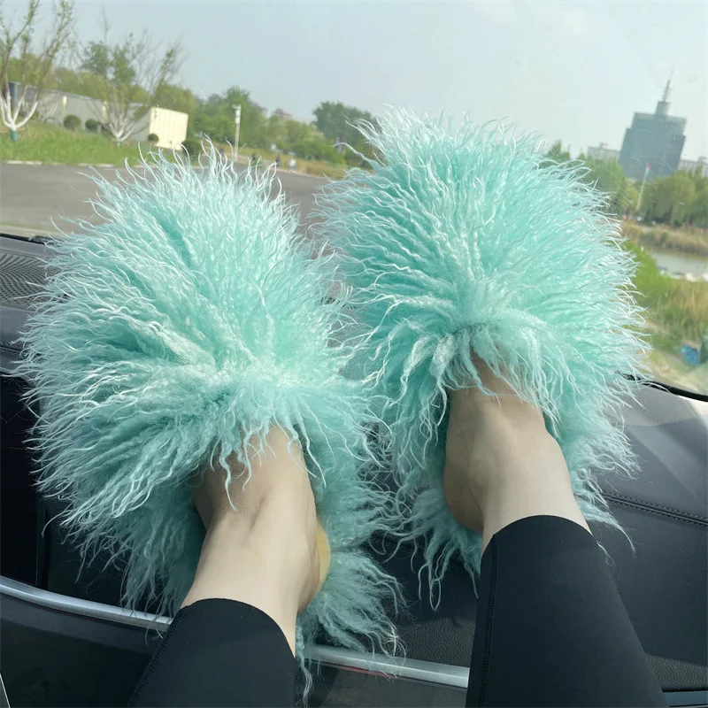 New Design Flat Bottom Fluffy Fuzzy Shoes Long Sheepskin Slide Women ...