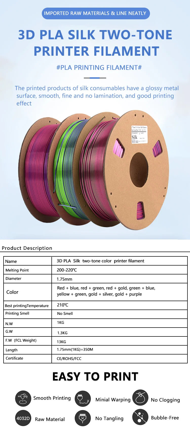 Sundi3d Custom Two Color Tricolor 3D Printer Filament PLA 1.75mm
