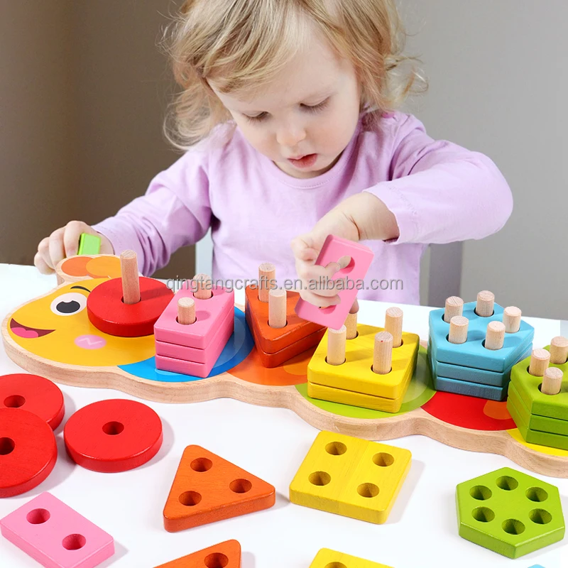 Geometric Shape Sorting Game Children Educational Wooden Column Stacking Toy Colorful Wisdom ...