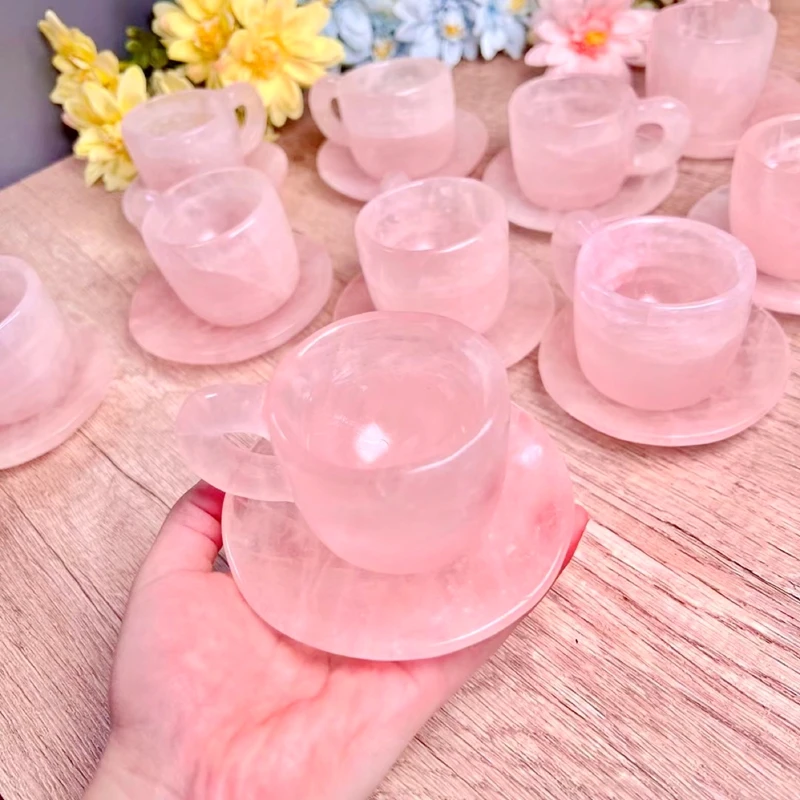 Hot sale Natural Rose Quartz Tea Cup With Plate hand carving folk ...
