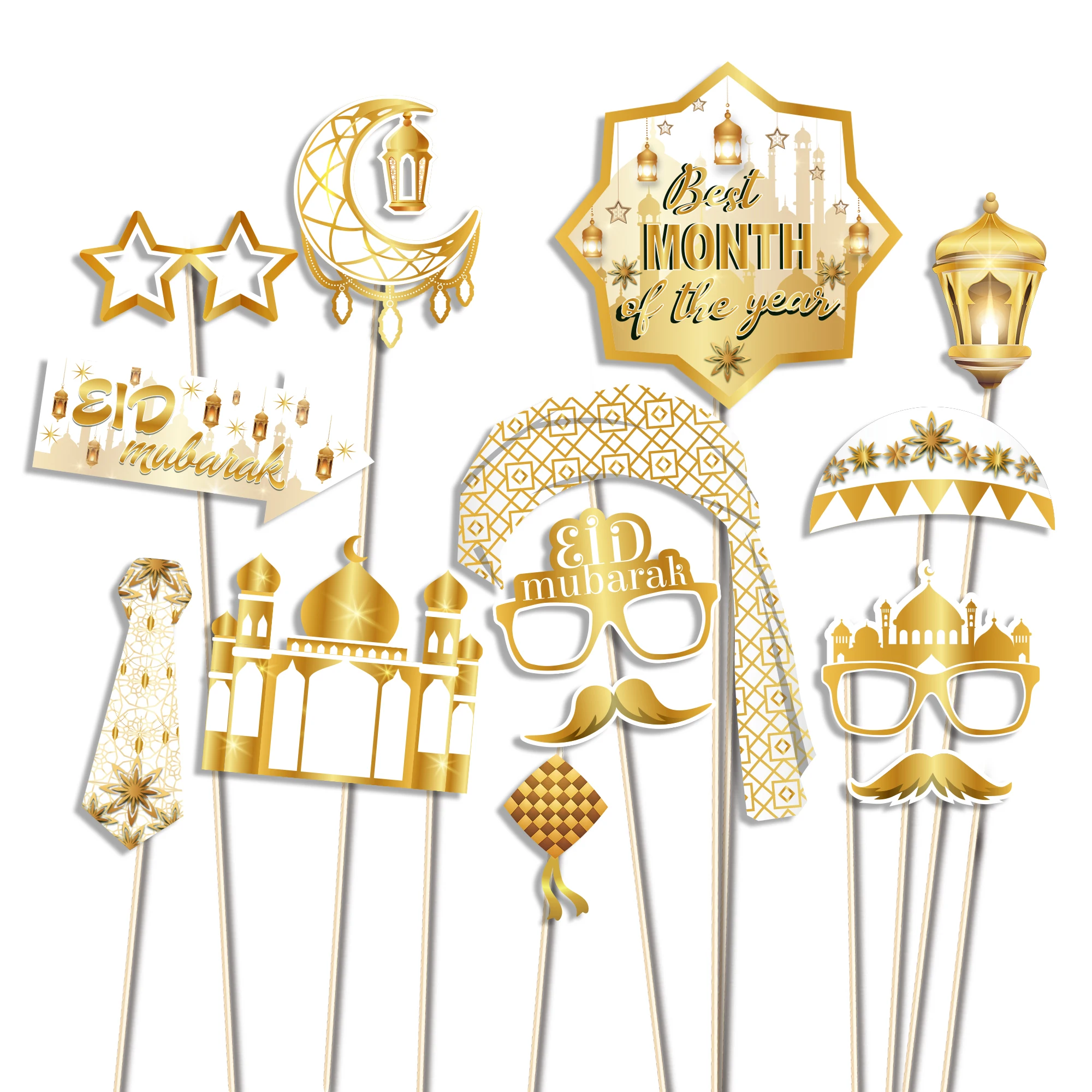 Pz279 Eid Mubarak Photo Booth Props White Gold Photo Props With Sticks ...