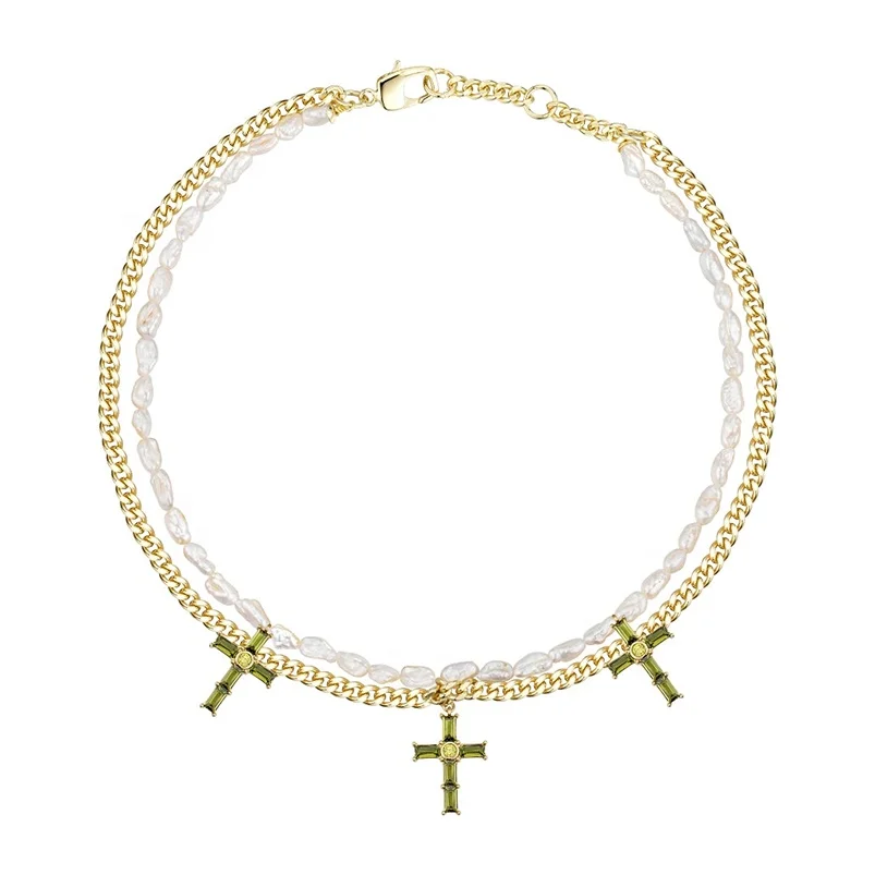 Gemnel Fashion Ladies Curb Chain Cross Pendant Pearl Choker Necklace ...