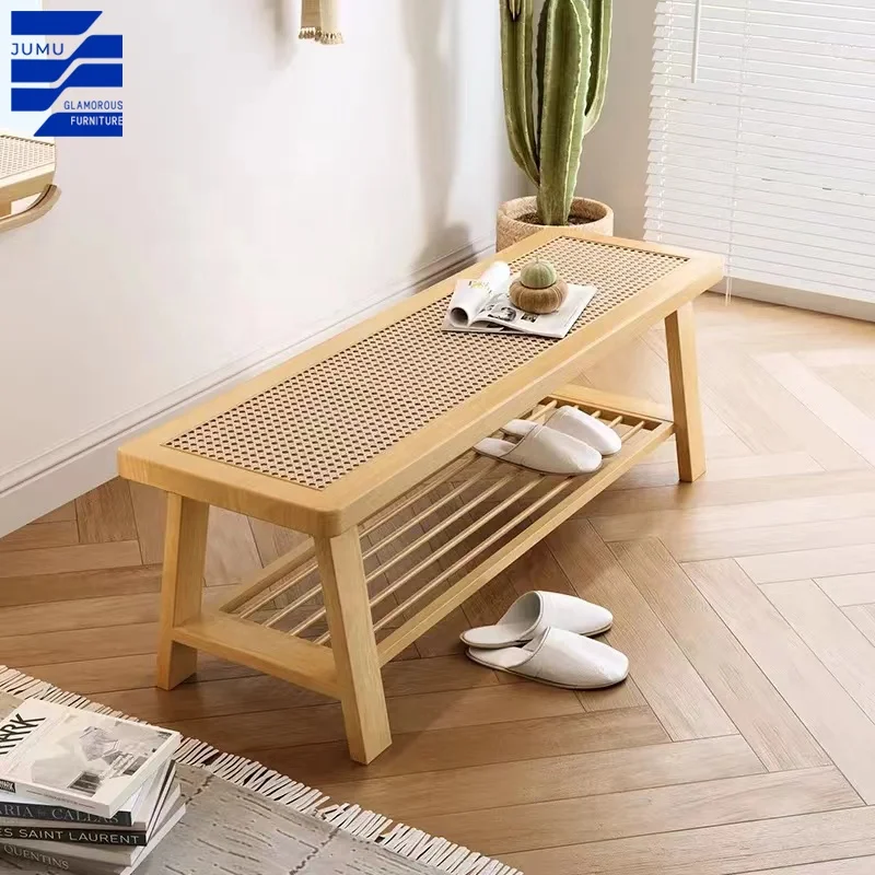 Woven Rattan Shoe Changing Stool Log Style Solid Wood Designer Bench ...