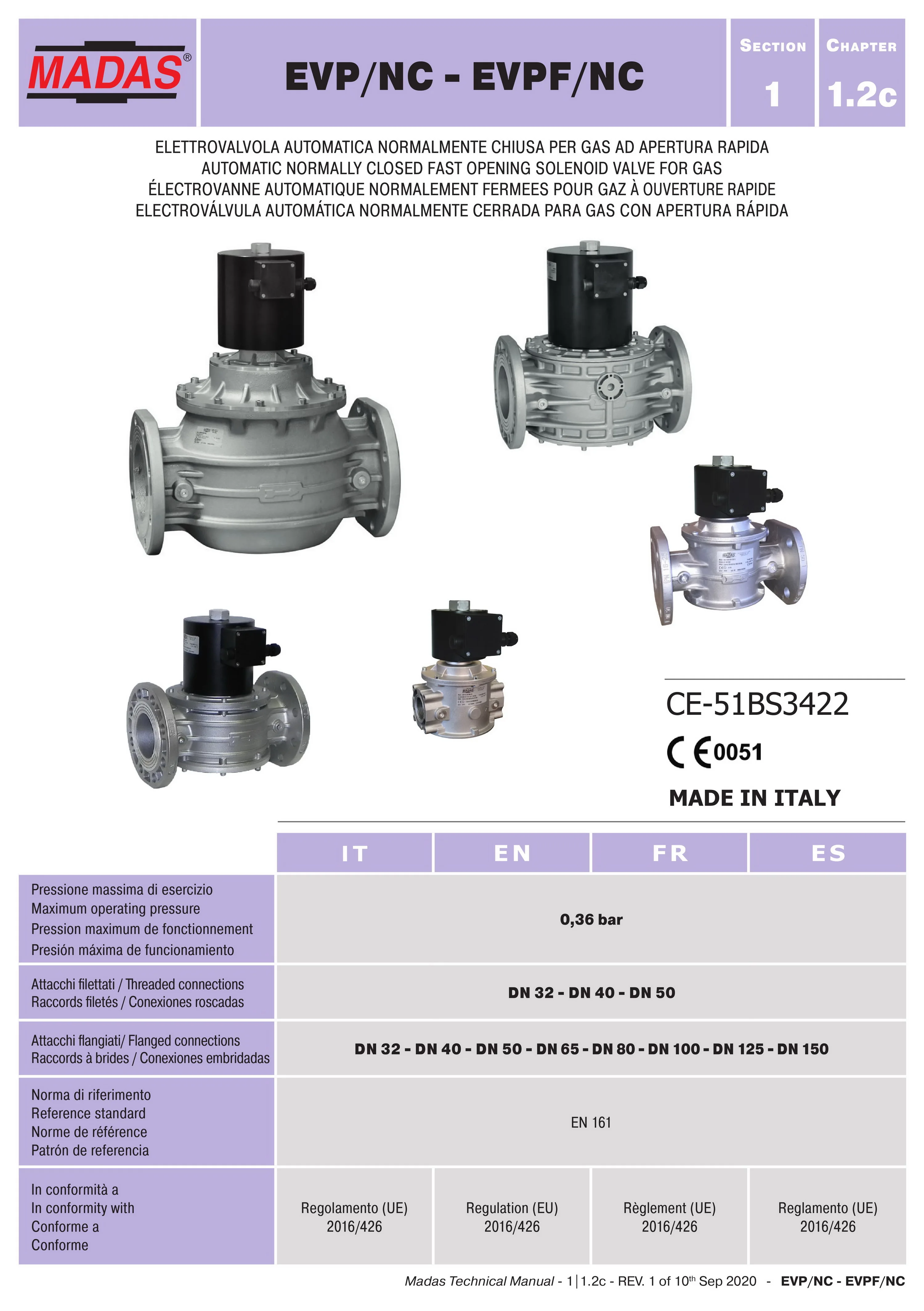 MADAS Gas Solenoid Valves EVP(F)/NC P.max 0.36 bar 230V EVPF/NC DN100| Alibaba.com