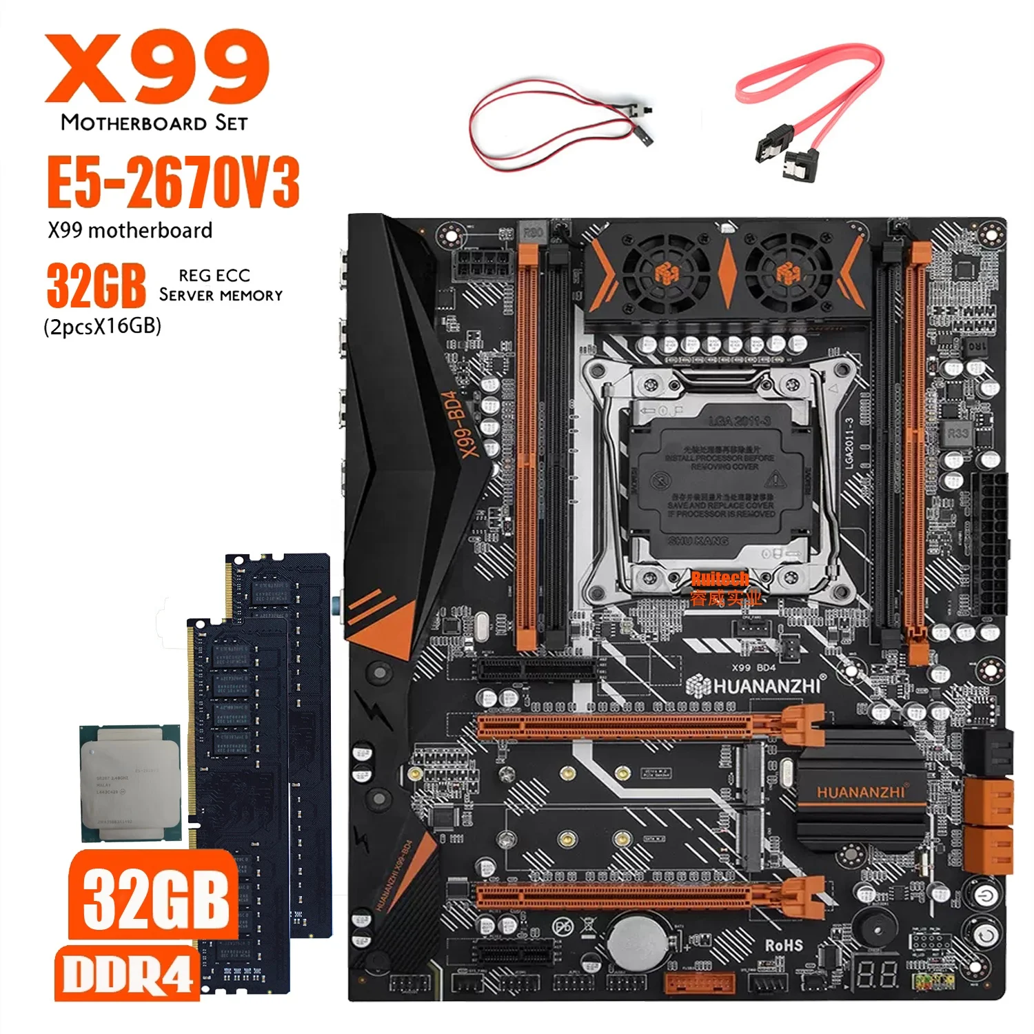 Huananzhi X99 Bd4 Motherboard Combo Kit Set 2011-3 Xeon E5 2670 V3 2*16gb= 32gb 2133 3200mhz ...